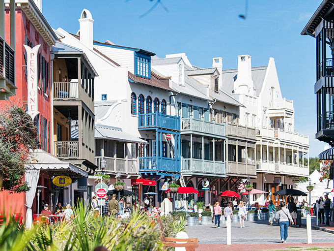 Colorful facades and charming balconies line Rosemary Beach's main street, creating a European village vibe that makes you forget you're in Florida.