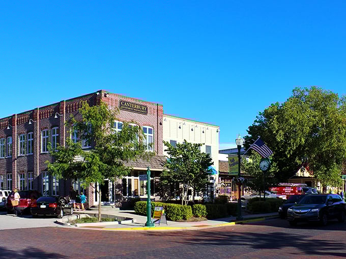 Brick streets and historic storefronts define Zionsville's charming downtown, where Canterbury shop anchors a corner that looks plucked from a 1950s postcard.