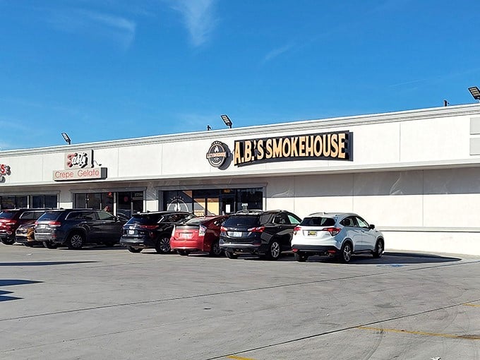 The unassuming storefront of A.B.'s Smokehouse in Dearborn Heights—proof that extraordinary barbecue often hides in plain sight, like a smoke ring waiting to be discovered.