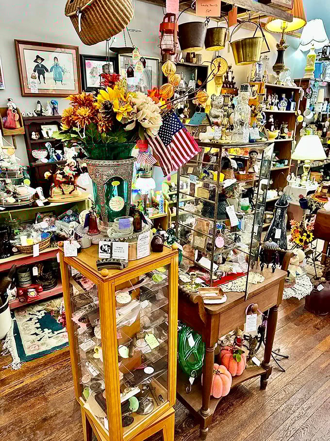 A patriotic centerpiece anchors this collection of Americana, where every shelf holds someone's cherished memories waiting for adoption.