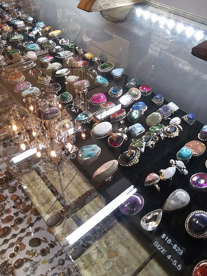 Gemstone jewelry that transforms ordinary shoppers into amateur geologists, suddenly experts on turquoise, amethyst, and "that pretty blue one."