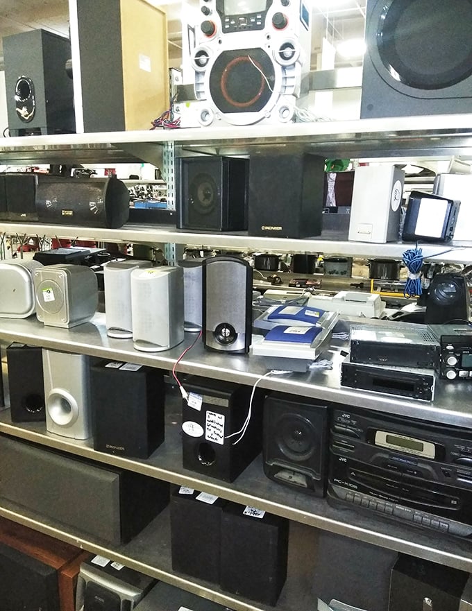 The audio equipment section: where yesterday's boom boxes and speakers wait patiently for their retro revival moment to arrive.