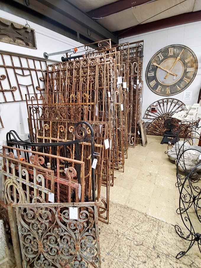 These ornate iron gates and railings once guarded grand entrances – now they're architectural poetry waiting for an encore performance. 