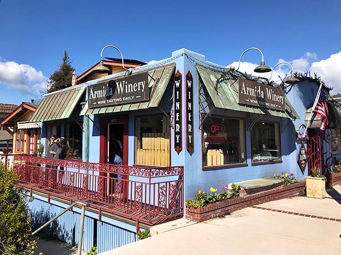 Armida's blue facade and red railings promise wine tasting with a splash of coastal color therapy thrown in for free.