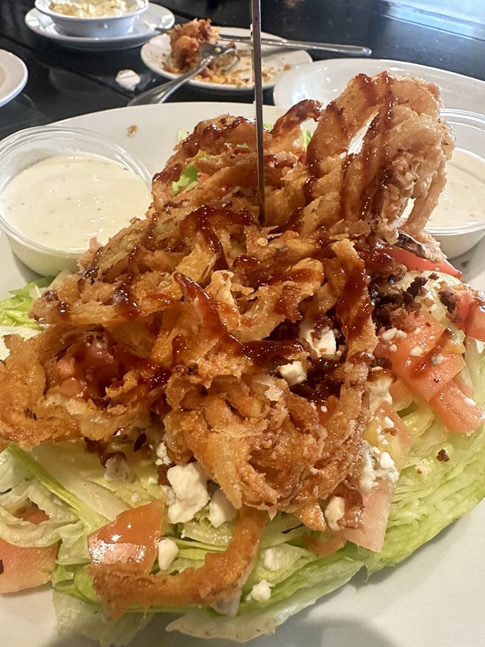 This isn't just a salad—it's barbecue in disguise, with crispy onions standing in as the trojan horse. Vegetables never had it so good.