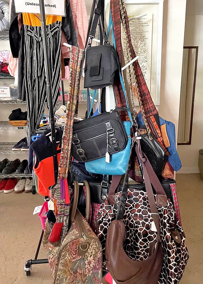 Handbag heaven hanging in plain sight. That giraffe print tote is practically begging for a day at the beach.