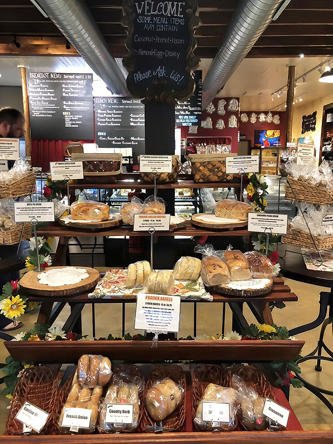 A bread display that's basically carbohydrate heaven—where "I'll just have one slice" becomes the biggest lie you'll tell yourself today.