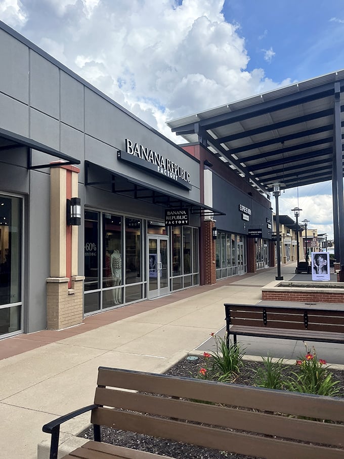 Banana Republic Factory's clean lines and modern aesthetic mirror its clothing philosophy. Those planters aren't just pretty—they're relationship counselors during shopping disputes.