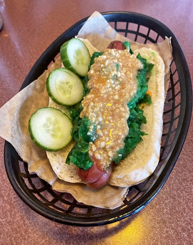 This isn't just lunch – it's a hot dog masterpiece where every topping is placed with the precision of a Renaissance painter.