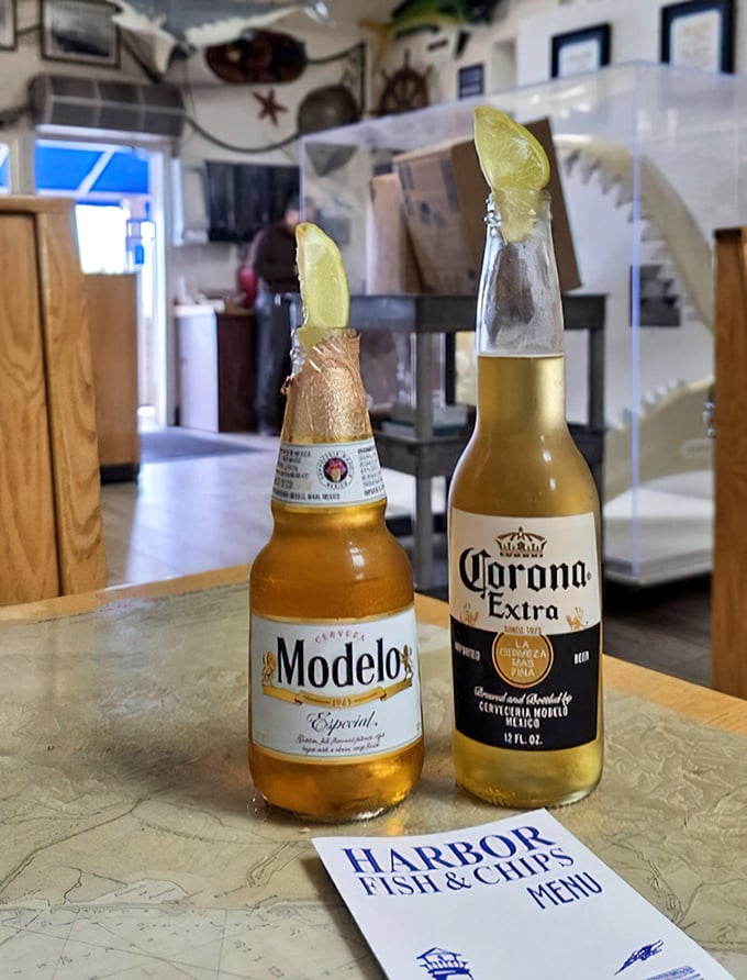 Cold Mexican beers with lime wedges—the perfect companions for seafood feasts and harbor views since the invention of both fishing and brewing.