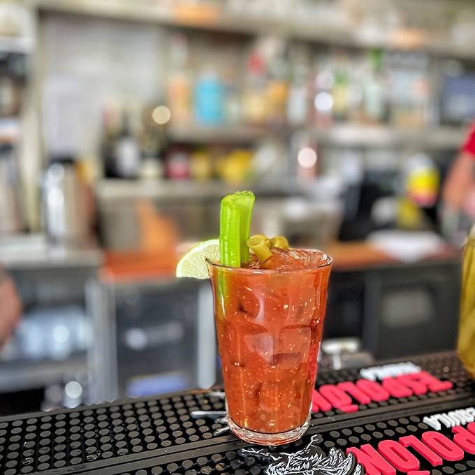 Morning salvation in a glass. This Bloody Mary comes equipped with all the proper garnishes—the breakfast of champions who aren't in a hurry.