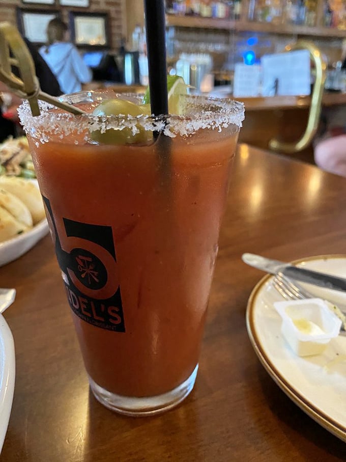 Their Bloody Mary comes dressed for success with a salt rim and pickle garnish—breakfast of champions or perfect lunch companion, you decide.