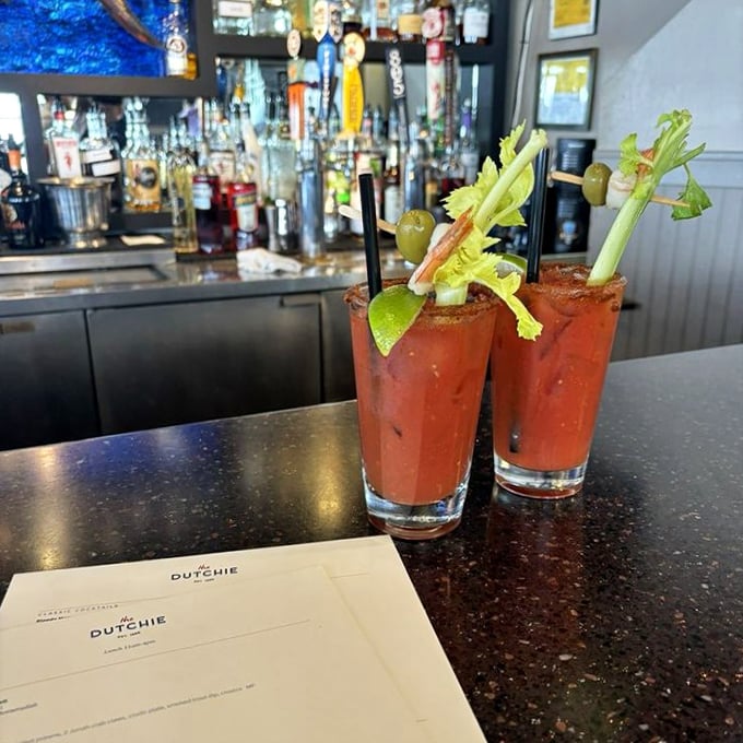 Bloody Marys garnished like seafood salad on a stick—the perfect morning-after remedy or pre-dinner appetite awakener.