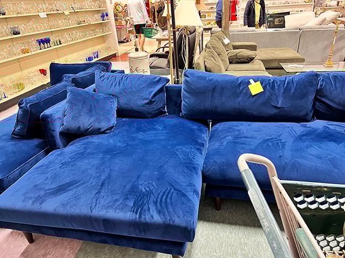 That blue velvet sectional isn't just a sofa—it's your next Netflix binge headquarters waiting to happen.