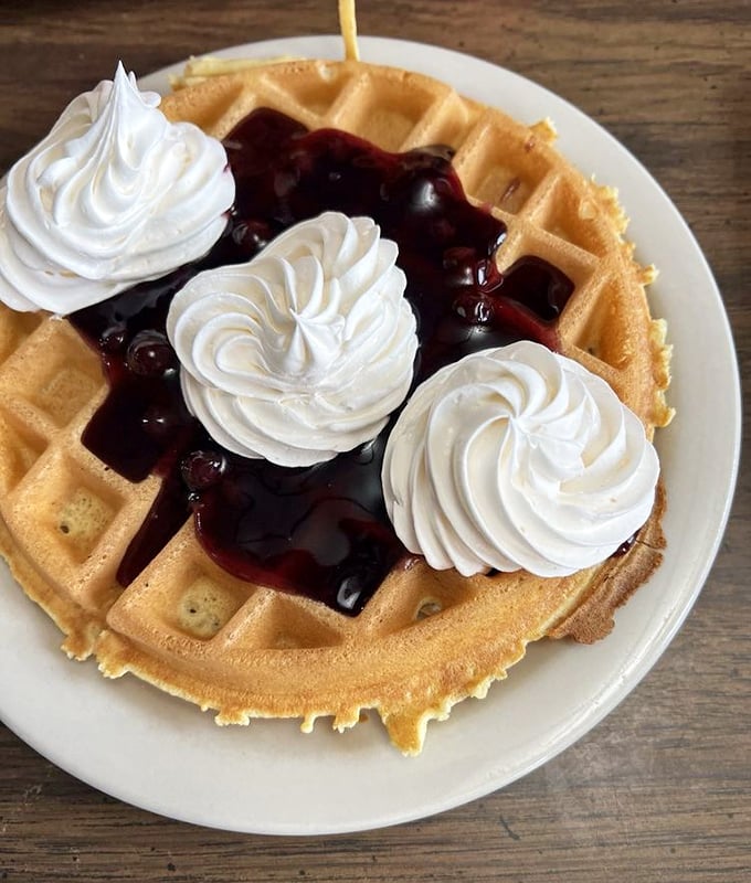 A waffle that understands the importance of architecture—crisp exterior, fluffy interior, and whipped cream peaks that deserve their own Ohio landmark designation.