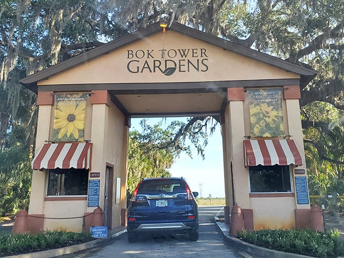 The entrance to Bok Tower Gardens promises tranquility beyond those gates—like stepping into a secret garden that 8 million visitors somehow haven't ruined.