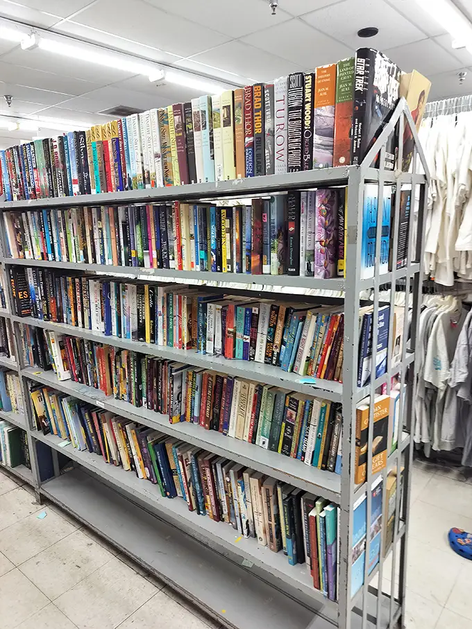 The book section—where forgotten bestsellers and out-of-print treasures create a paper time capsule of America's reading habits through the decades.