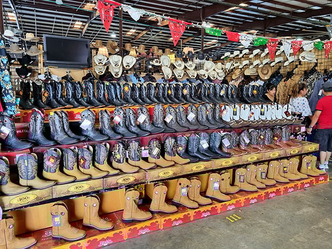 Boot heaven stretches before you—enough leather and stitching to make a cowboy weep with joy or a fashionista reach for her wallet.