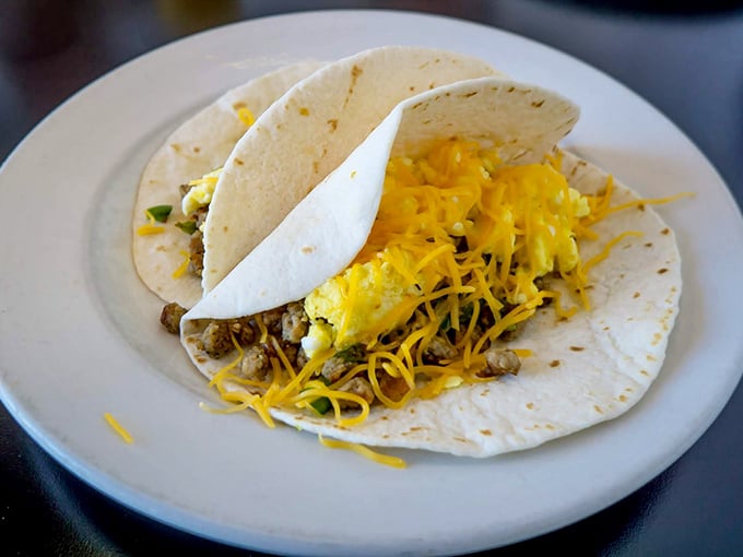 Breakfast tacos that blur the line between morning and afternoon—a tortilla treasure chest filled with eggs, meat, and melty cheese.