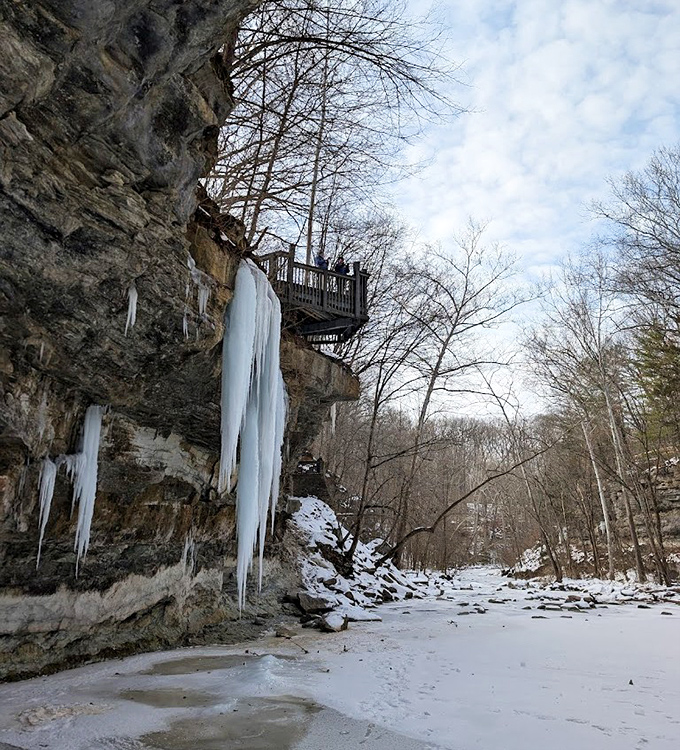 Winter's frozen waterfall spectacle. Massive icicles transform the canyon into nature's sculpture gallery – worth every shiver and extra layer.