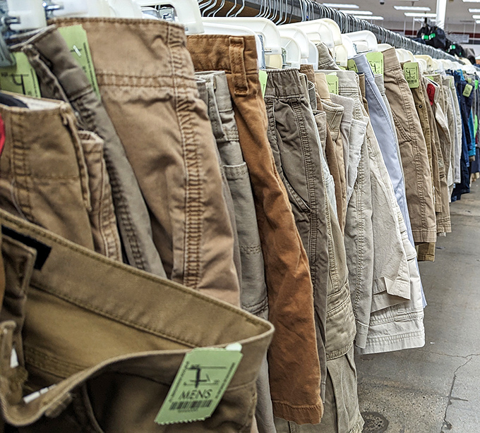 The men's section offers a khaki rainbow of possibilities – each pair of shorts with its own personality and previous adventures.