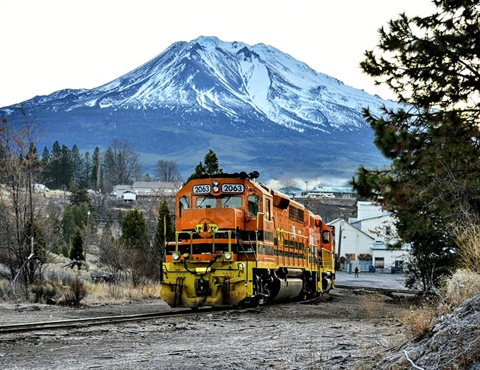 Freight trains rumble through town, carrying goods while Mount Shasta watches like a patient grandfather.