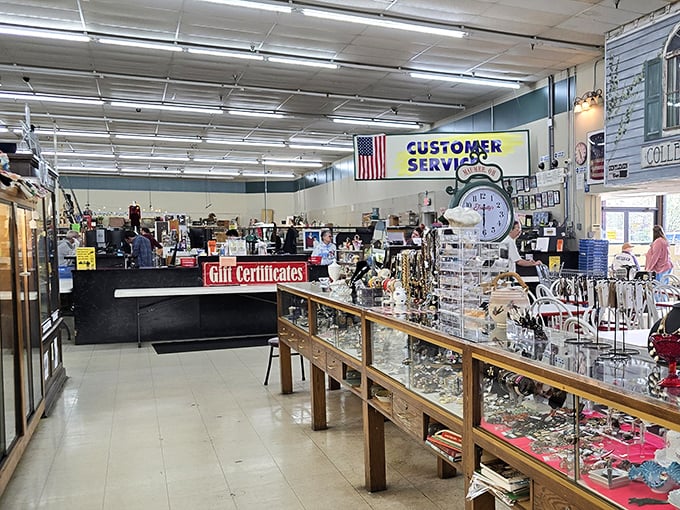 The customer service counter, where treasure hunters can pause their expeditions to purchase that perfect find or inquire about booth rentals.