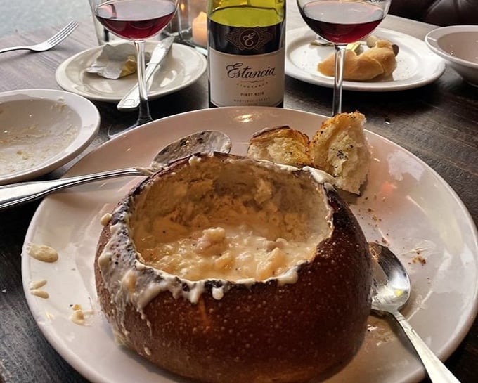 Clam chowder in a sourdough bread bowl – California's answer to comfort food. The bowl itself becoming increasingly delicious as it soaks up that creamy goodness.