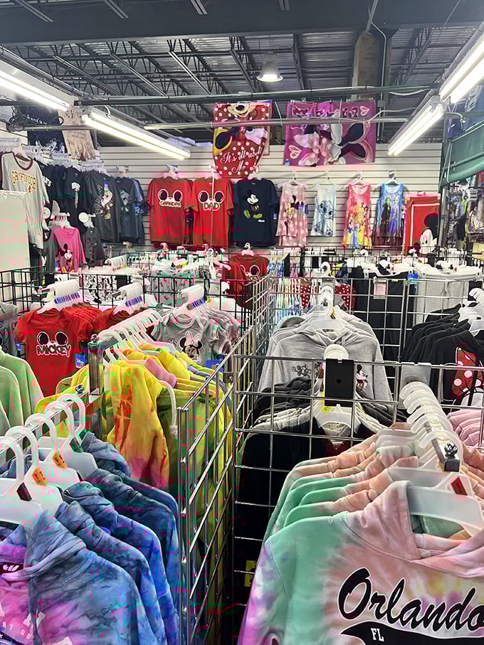 Disney dreams at discount prices! Mickey and Minnie merchandise hangs in colorful rows, bringing a touch of theme park magic without the theme park admission fees.