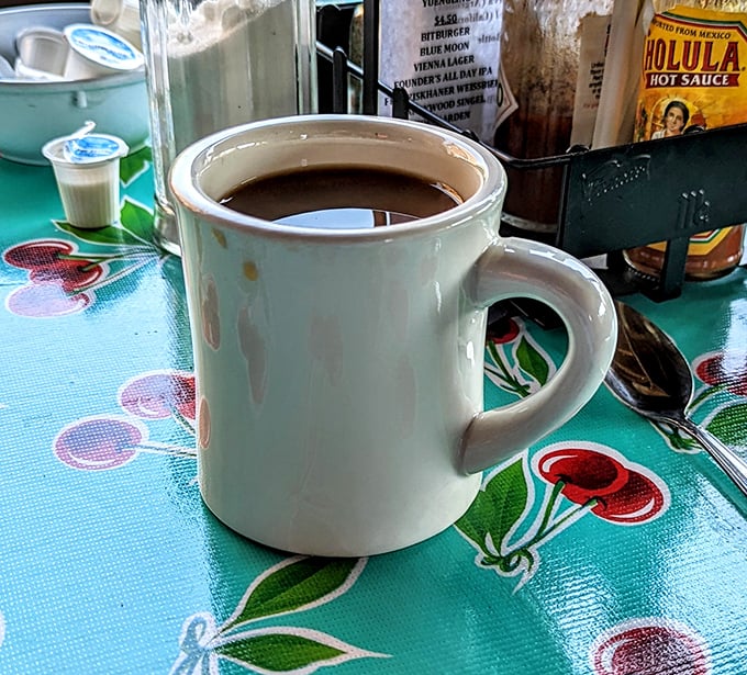 That classic diner mug—thick-walled, no-nonsense, and filled with coffee that tastes exactly like you hoped it would.