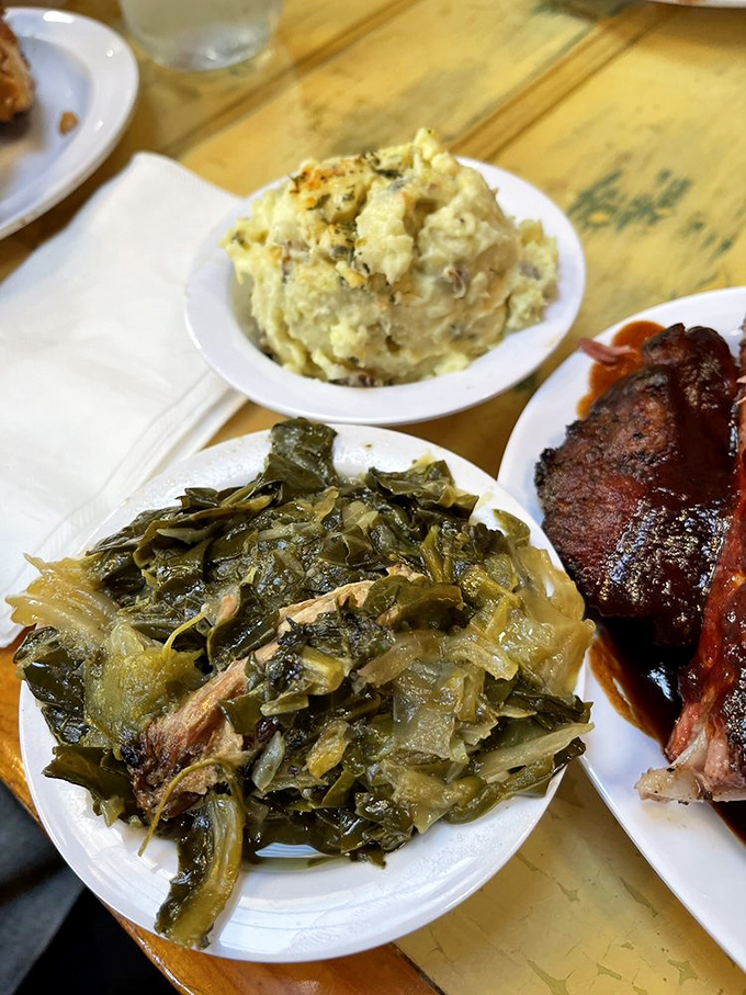 Collard greens that have been slow-cooked to perfection with bits of pork. Vegetables that have found their higher calling.