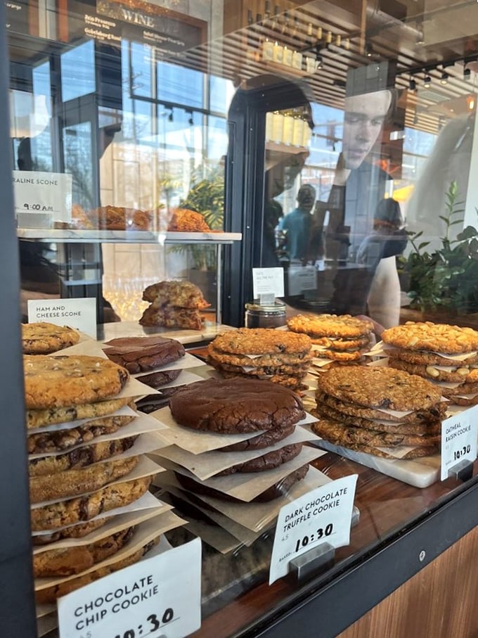 Cookie diplomacy at its finest – where chocolate chip and dark chocolate truffle varieties negotiate peaceful coexistence behind glass.