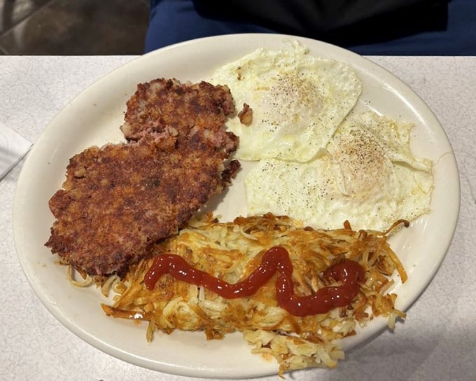 Crispy corned beef hash with eggs sunny-side up – breakfast's dynamic duo. The kind of plate that makes you want to high-five the cook.