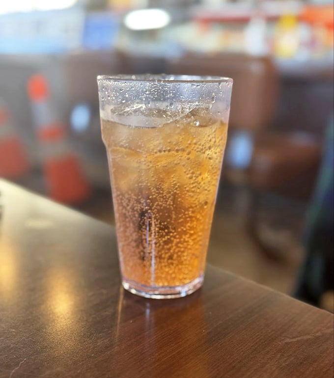 A proper cream soda at Langer's—fizzy, amber, and sweet—the perfect counterbalance to a rich pastrami sandwich.