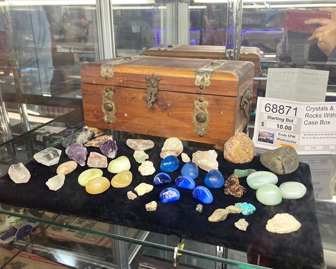 Not just rocks—they're conversation pieces! That wooden box probably held someone's childhood collection before becoming your next coffee table curiosity.