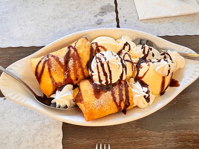 Deep-fried cheesecake drizzled with chocolate proves this kitchen isn't afraid to embrace pure, unapologetic indulgence.