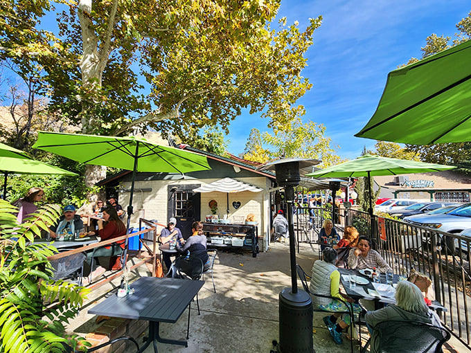 Al fresco dining under lime-green umbrellas, where the Sierra foothills provide a backdrop worthy of your Instagram feed and your appetite.