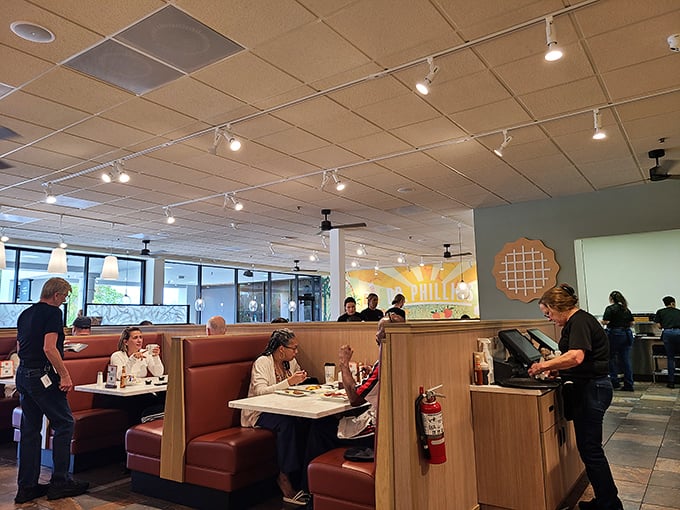 Breakfast democracy in action – families, couples, and solo diners all united by the universal language of "pass the syrup, please."