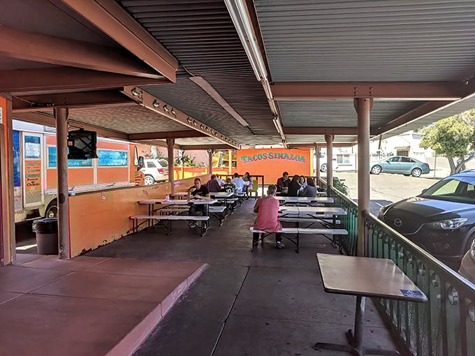 Even on a quiet day, the dining area stands ready. Those orange benches have supported thousands of taco enthusiasts in their moments of culinary bliss.