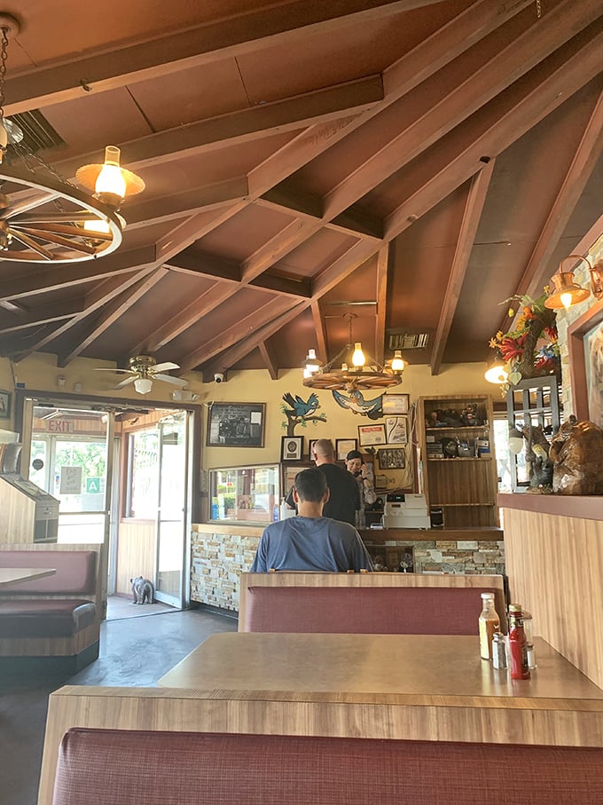 The vaulted ceiling with exposed beams creates a lodge-like atmosphere where BBQ pilgrims gather. You can almost taste the hickory in the air.