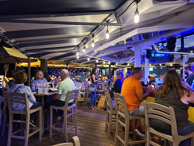 Evening at The Salty Dog transforms the deck into a twinkling wonderland where conversations flow as freely as the cocktails.