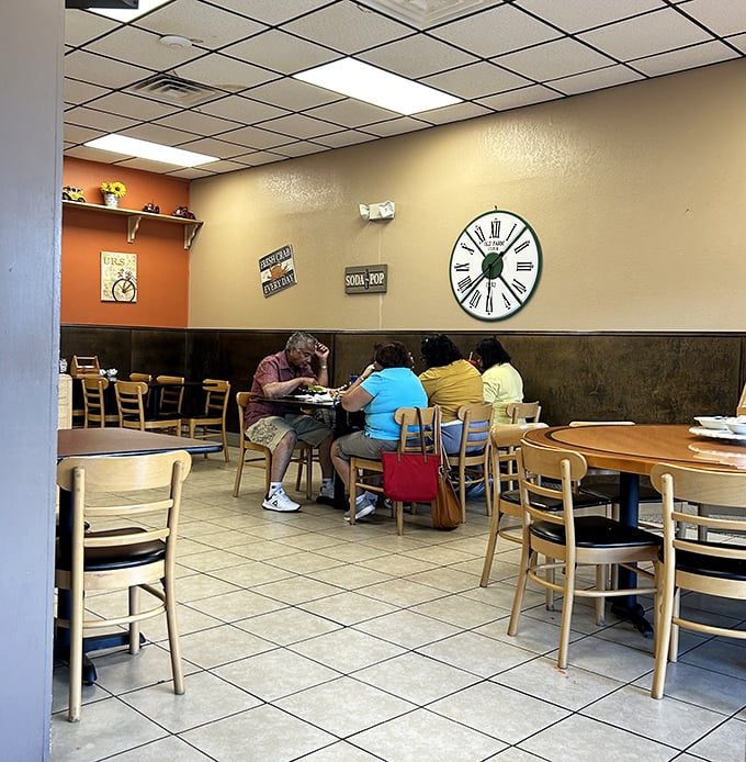 Simple wooden chairs, tile floors, and a wall clock that seems to slow down when you're enjoying your meal—diner time operates differently.