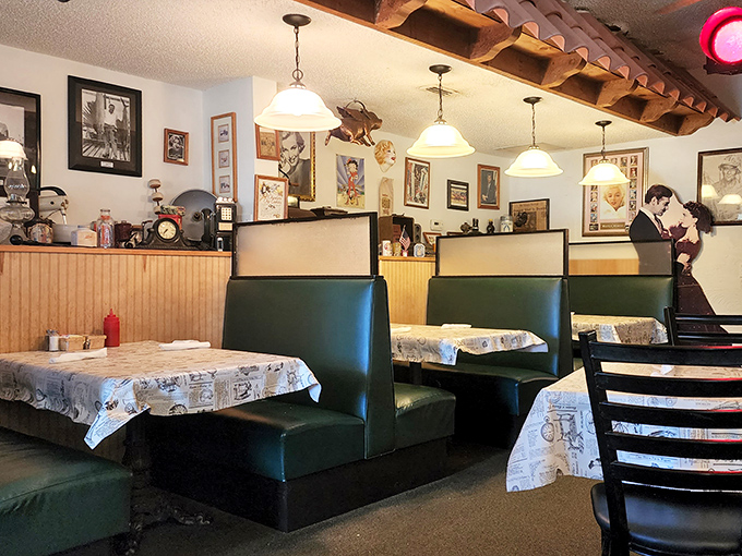 Classic diner booths where countless stories have unfolded over coffee strong enough to wake the deceased.