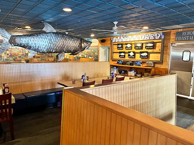 Comfortable booths and that signature "Fresh Fish Daily" banner create the ideal setting for memorable meals.