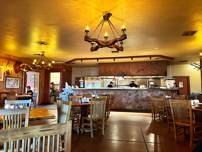 The dining room balances rustic charm with comfortable simplicity, where the food—not the decor—rightfully takes center stage.