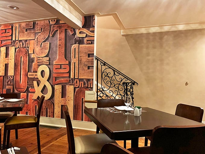 That wall of vintage letterpress blocks isn't just décor—it's a conversation starter for when your mouth is too full of deliciousness to speak.