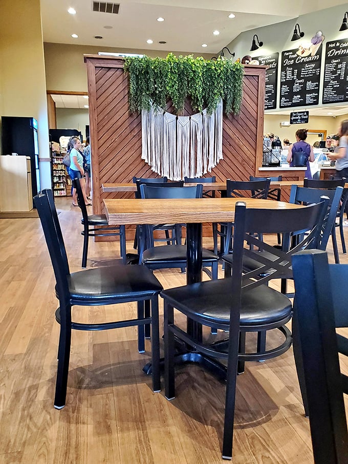 Macramé meets modern farmhouse in this thoughtfully designed dining area where every seat offers the perfect vantage point for people-watching or ice cream-admiring.