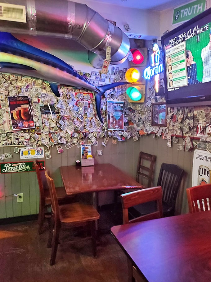 Where dollar bills and fishing memorabilia create the perfect dive bar atmosphere. That traffic light isn't directing cars – it's telling you to stop and eat.