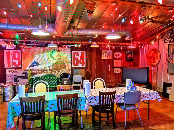 Christmas lights cast a warm glow over this dining section, creating the perfect ambiance for serious chicken consumption and lively conversation.