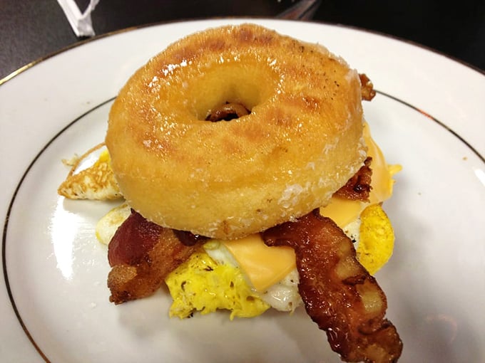The Donut Sandy – where breakfast boundaries are gloriously broken and the sweet-savory debate finds its peaceful resolution.
